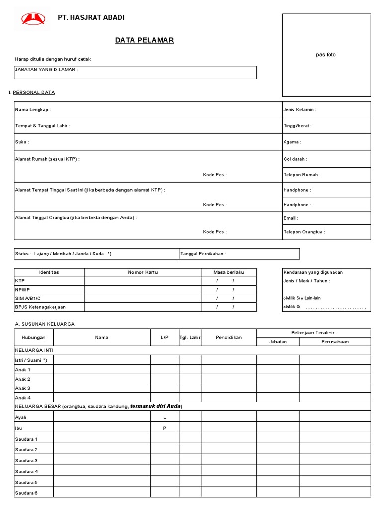 Form Data Pelamar Ha New | PDF