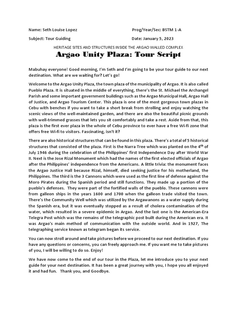 Argao Unity Plaza-Tour Script | PDF | Philippines