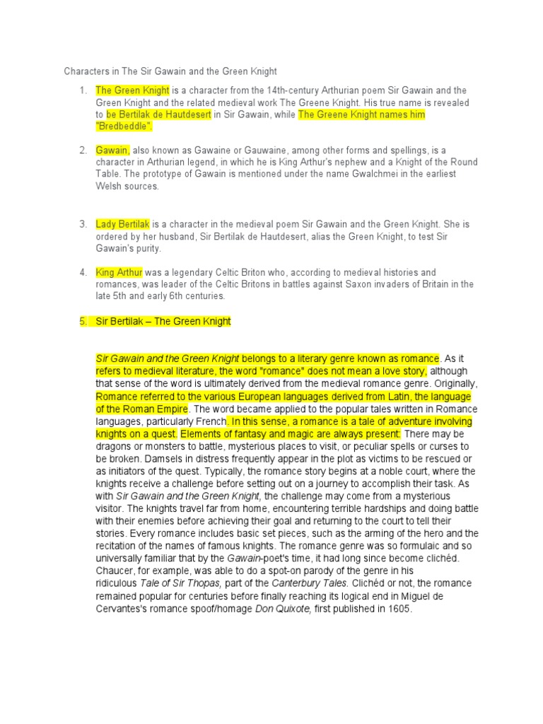 Characters in The Sir Gawain and The Green Knight | PDF | Green Knight ...
