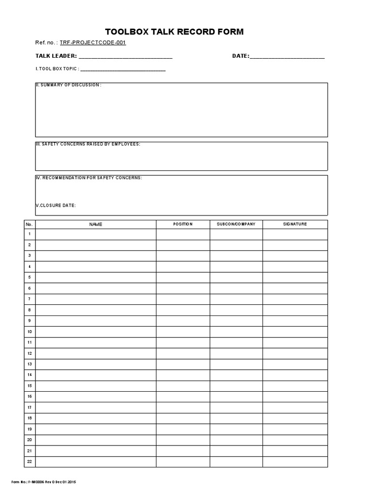 Toolbox Talk Record Form F-IMS006 | PDF