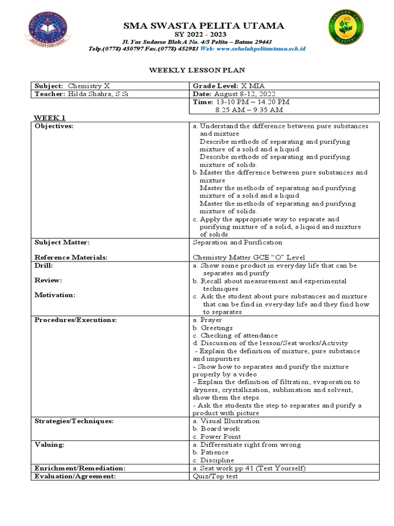 Weekly Chemistry Lesson Plan X MIA | PDF | Mixture | Physical Chemistry