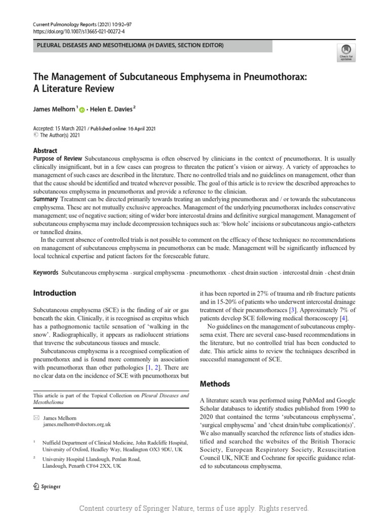 The Management of Subcutaneous Emphysema in Pneumo | Download Free PDF ...