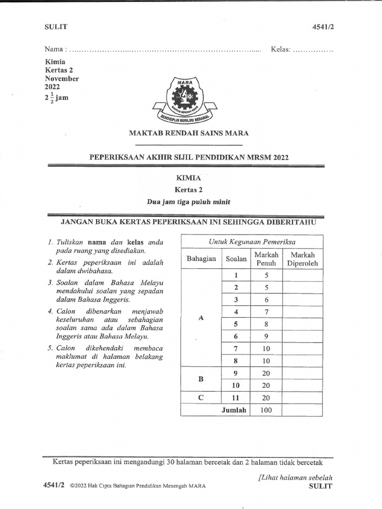 Kimia K2 MRSM 2022 | PDF