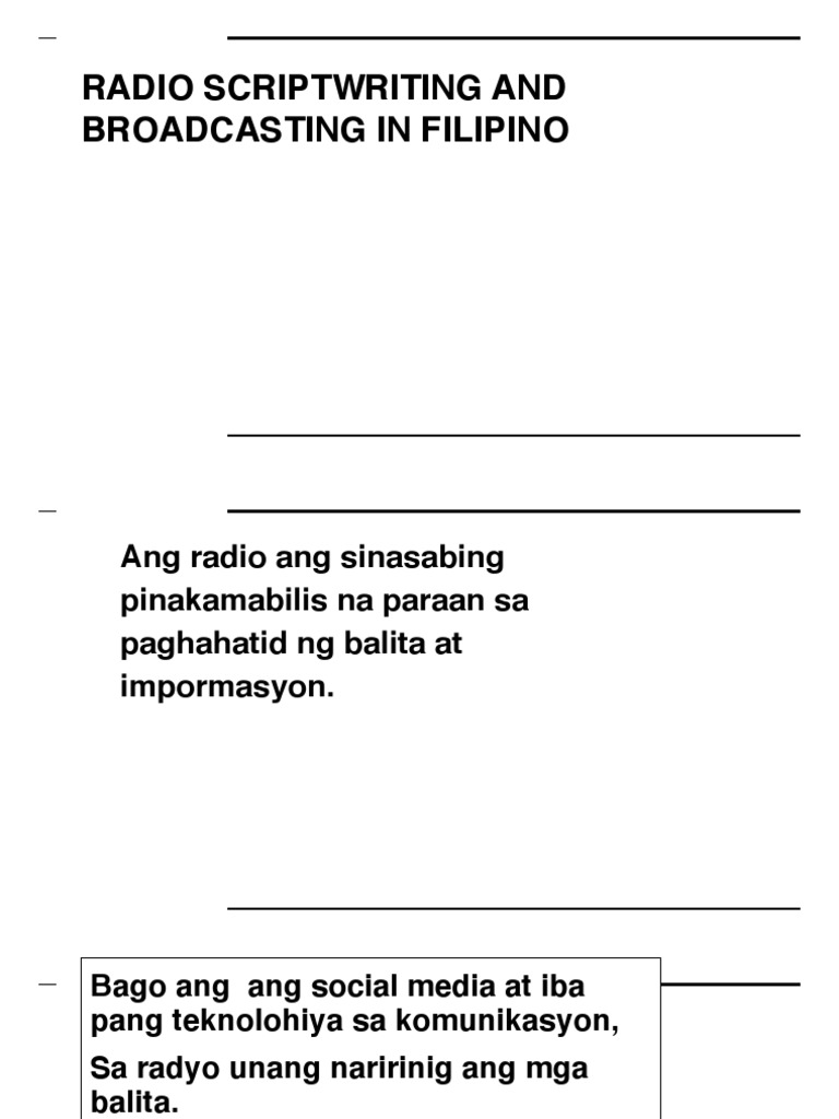 RADIO SCRIPTING&BROADCASTING IN FILIPINO (1) - Presentation | PDF