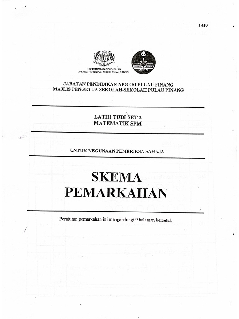Skema Penang Math Latih Tubi Set 2 p1 p2 | PDF