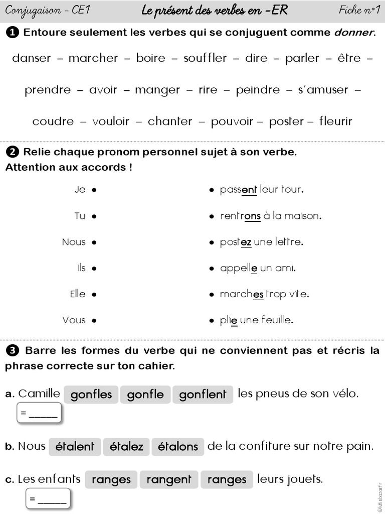 Present Des Verbes en ER Fiches Dexercices CE1 LB | PDF | Verbe ...