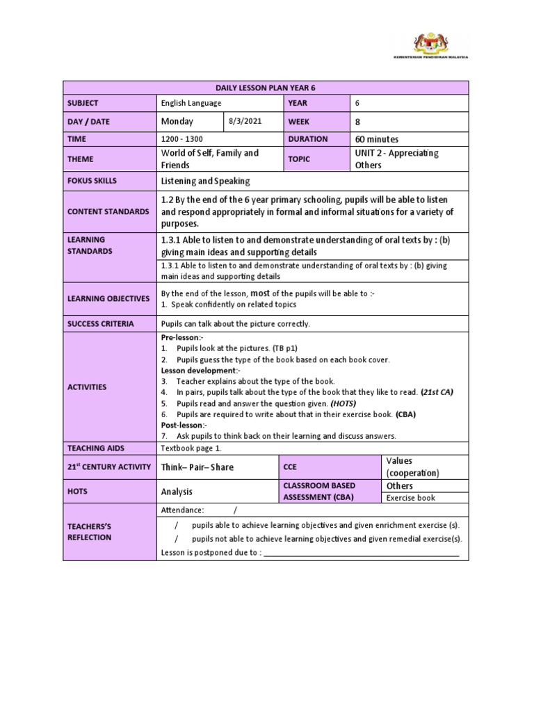 RPH Bi Year 6-Unit 1 (w1-2) | PDF | Lesson Plan | Teachers