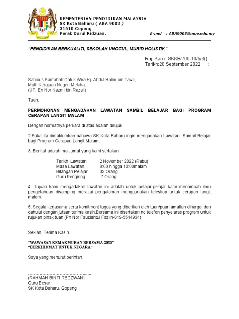 Surat Permohonan Mengadakan Lawatan Program Cerapan Langit Malam | PDF