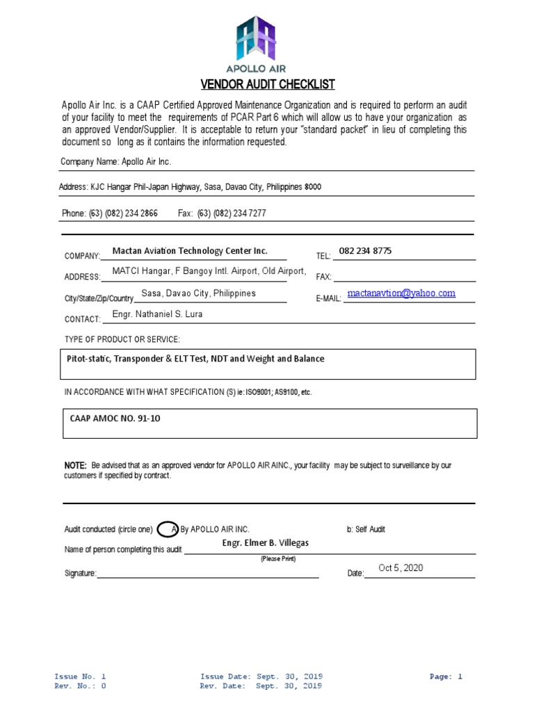 APOLLO AIR Vendor-Audit-Checklist MATCI 2022 | PDF | Calibration ...