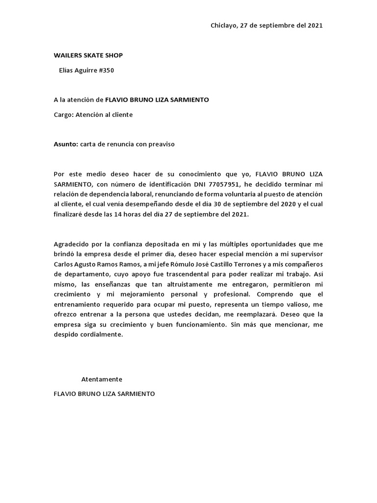 Carta de Preaviso - Derecho Laboral | PDF