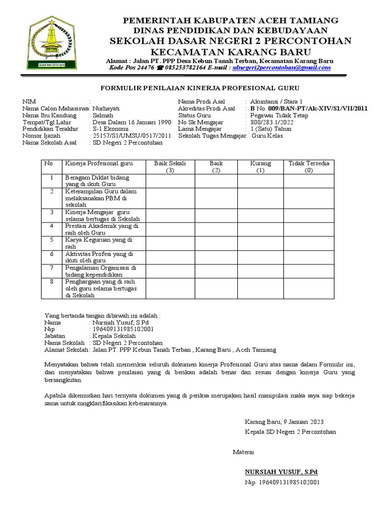 Formulir Penilaian Kinerja Profesional Guru | PDF