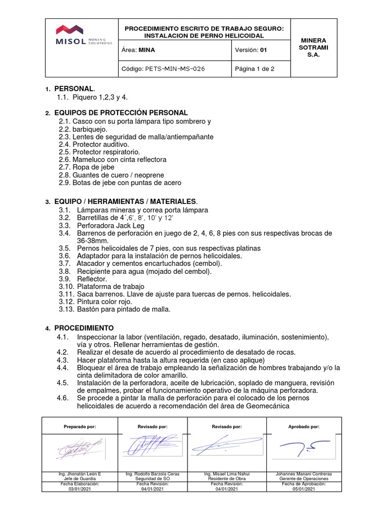 Instalación de Pernos Helicoidales en Minería | PDF | Perforación ...