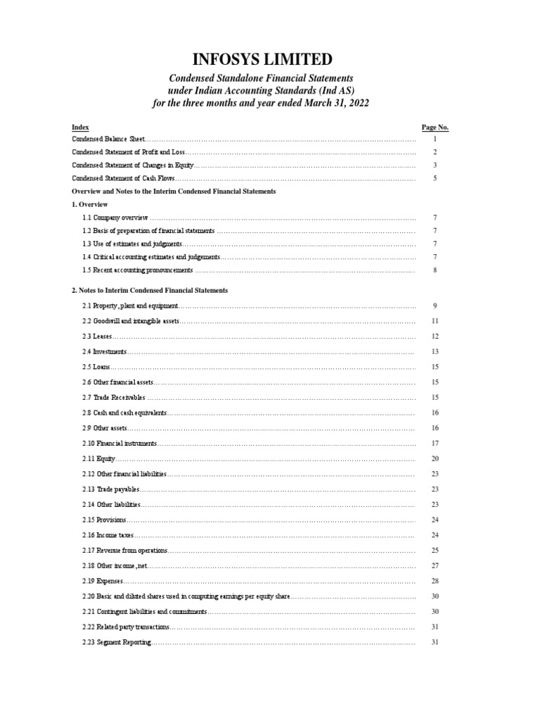Infosys Q1 2022 Financial Statements | PDF | Equity (Finance) | Expense