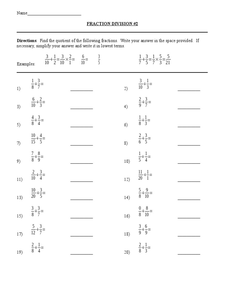 Dividing Fractions Worksheet | PDF | Mathematical Concepts ...