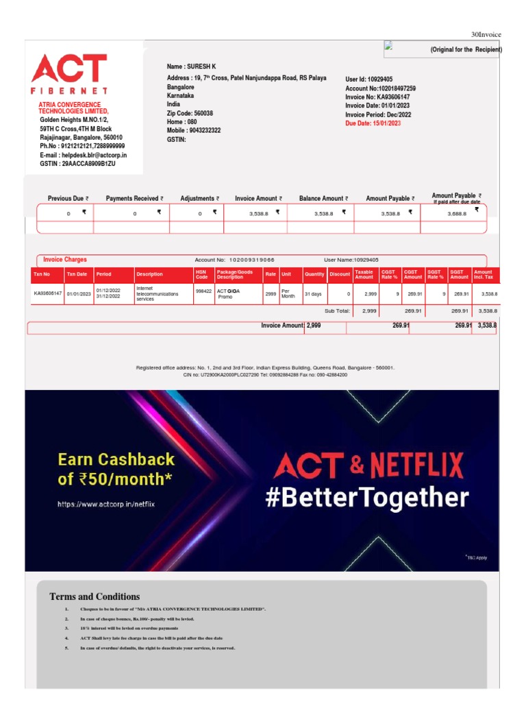 ACT Internet Bill Dec 2022 | PDF | Invoice | Cheque