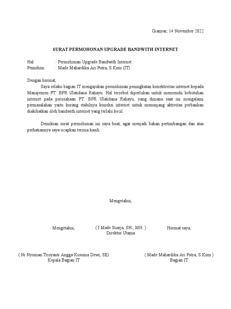 Surat Permohonan Upgrade Bandwith Internet | PDF