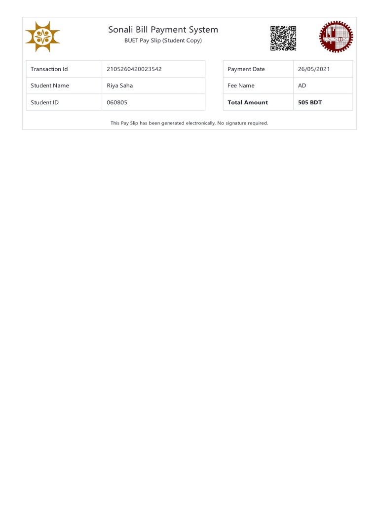 Sonali Bill Payment System: BUET Pay Slip (Student Copy) | PDF