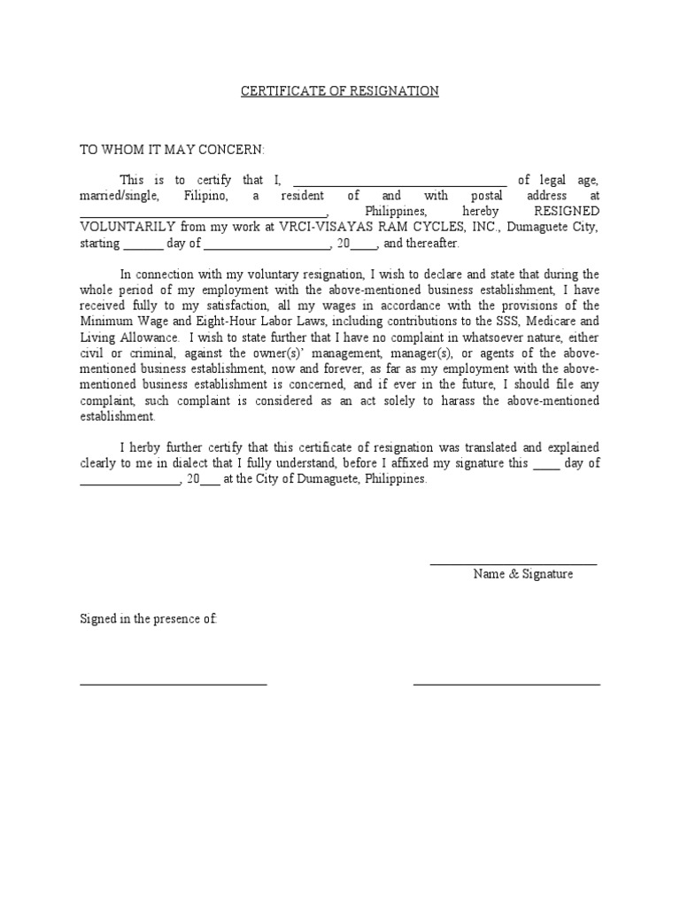 Certificate of Resignation | PDF