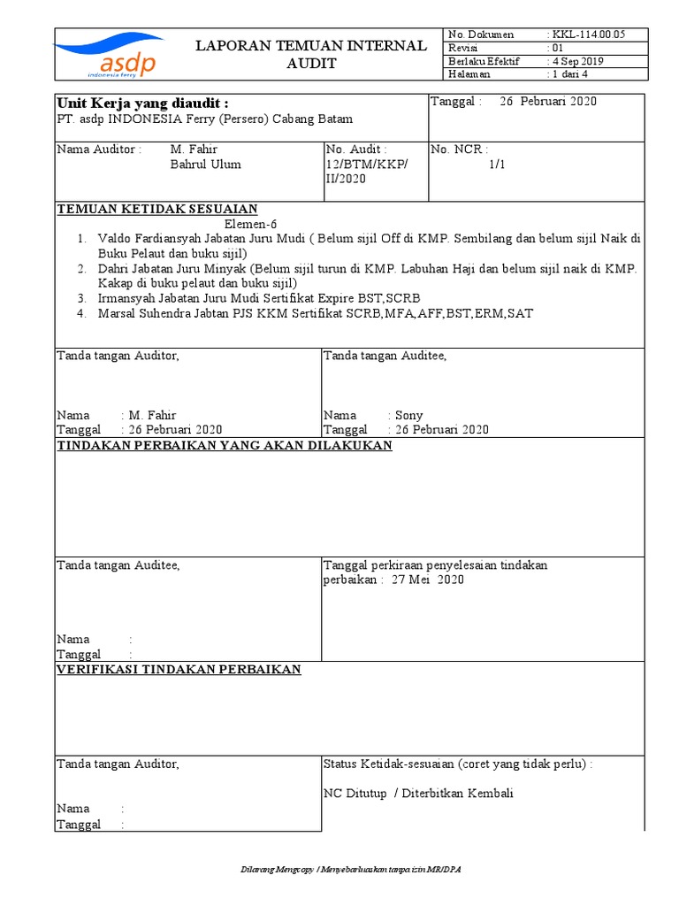 Temuan Audit Internal ASDP Batam | PDF