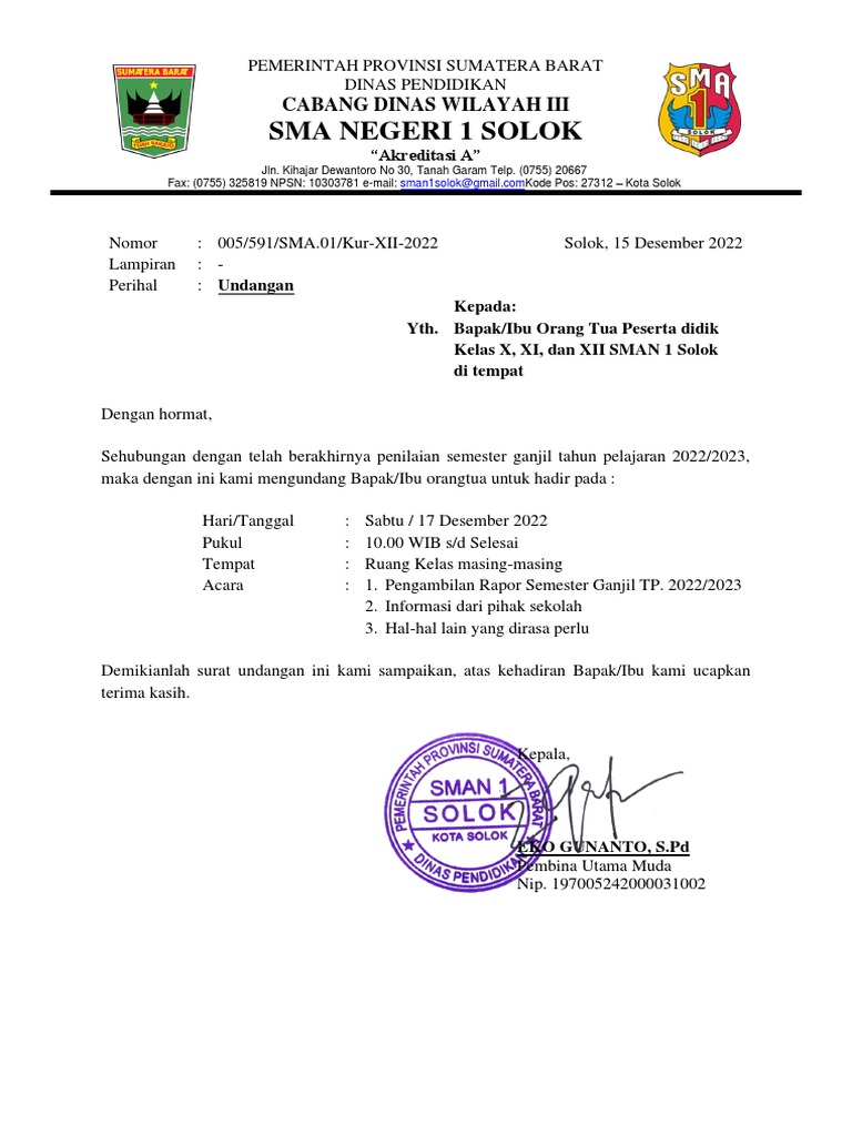 Surat Undangan Orang Tua-Pengambilan Rapor Semester Ganjil TP. 2022-2023 | PDF