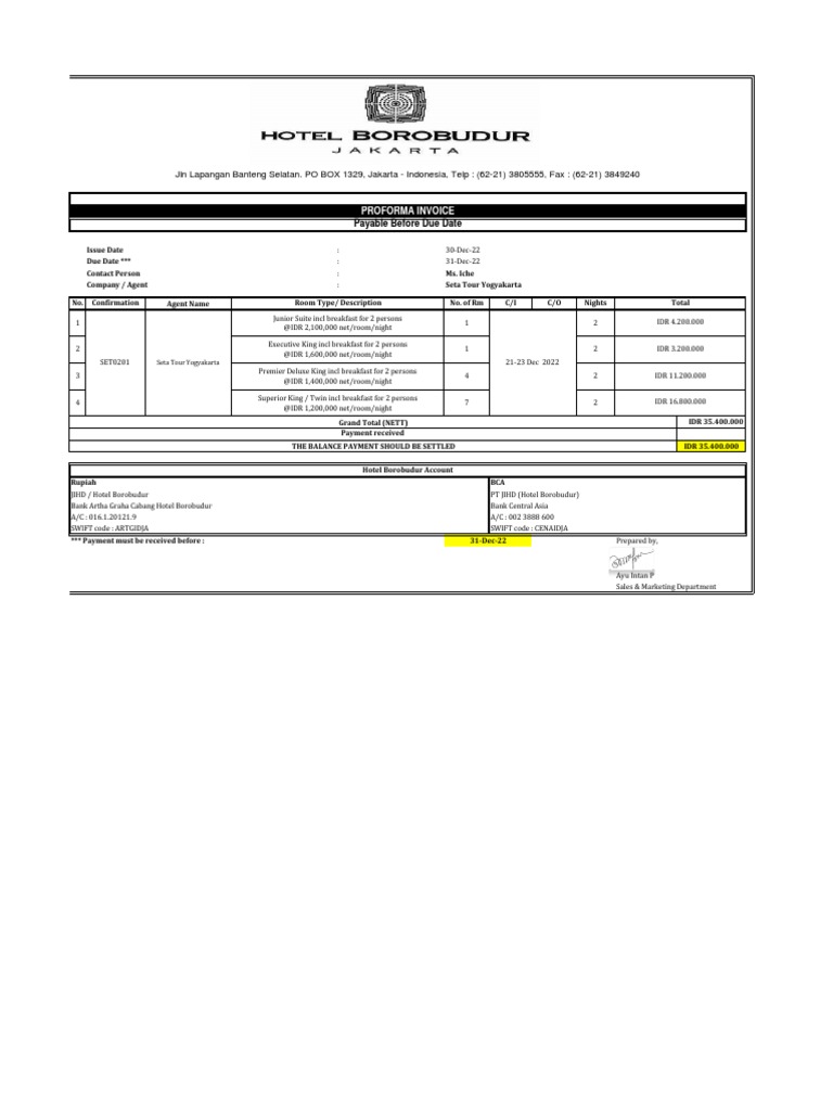 Seta Tour Yogyakarta - 02 - 04 Jan 2023 Performa Invoice | PDF | Indonesian Rupiah | Financial ...