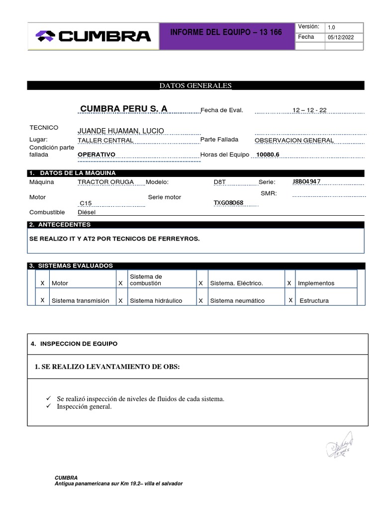 05-INFORME TECNICO - EQ 13 166-Cumbra-AT2 | PDF | Vehículos | Tecnología de vehículos