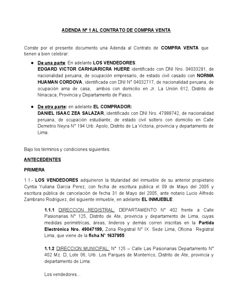 Adenda #1 Al Contrato de Compra Venta Daniel | PDF | Derecho Civil ...