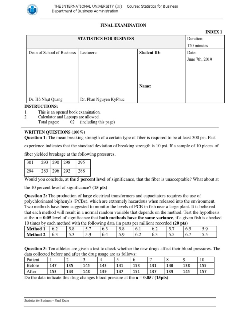 Final Exam MBA - 2019 | PDF | Statistics | Polychlorinated Biphenyl