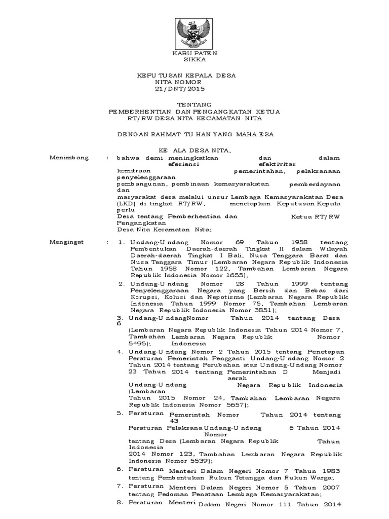 SK Pengangkatan Dan Pemberhentian Ketua RT | PDF