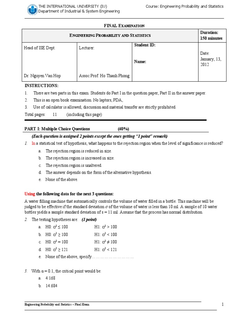 Final Exam - ISE 2019 | PDF | P Value | Statistics