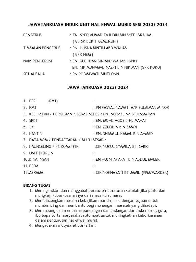 Jawatankuasa Induk Unit Hal Ehwal Murid 2023 2024 | PDF