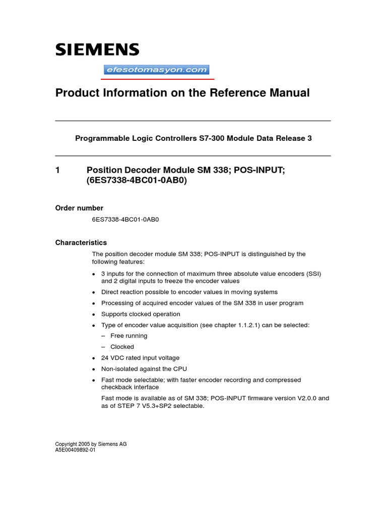 Product Information On The Reference Manual: 1 Position Decoder Module SM 338 POS-INPUT (6ES7338 ...