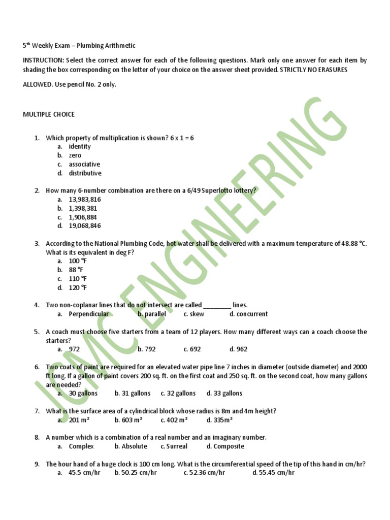 5th Weekly Exam - Plumbing Arithmetic | PDF | Angle | Volume