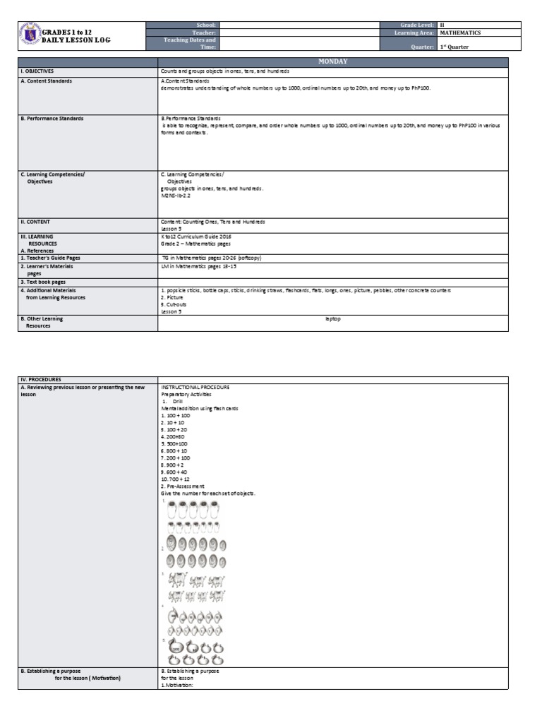 DLL Mathematics 2 q1 w2 | PDF | Teachers | Flashcard