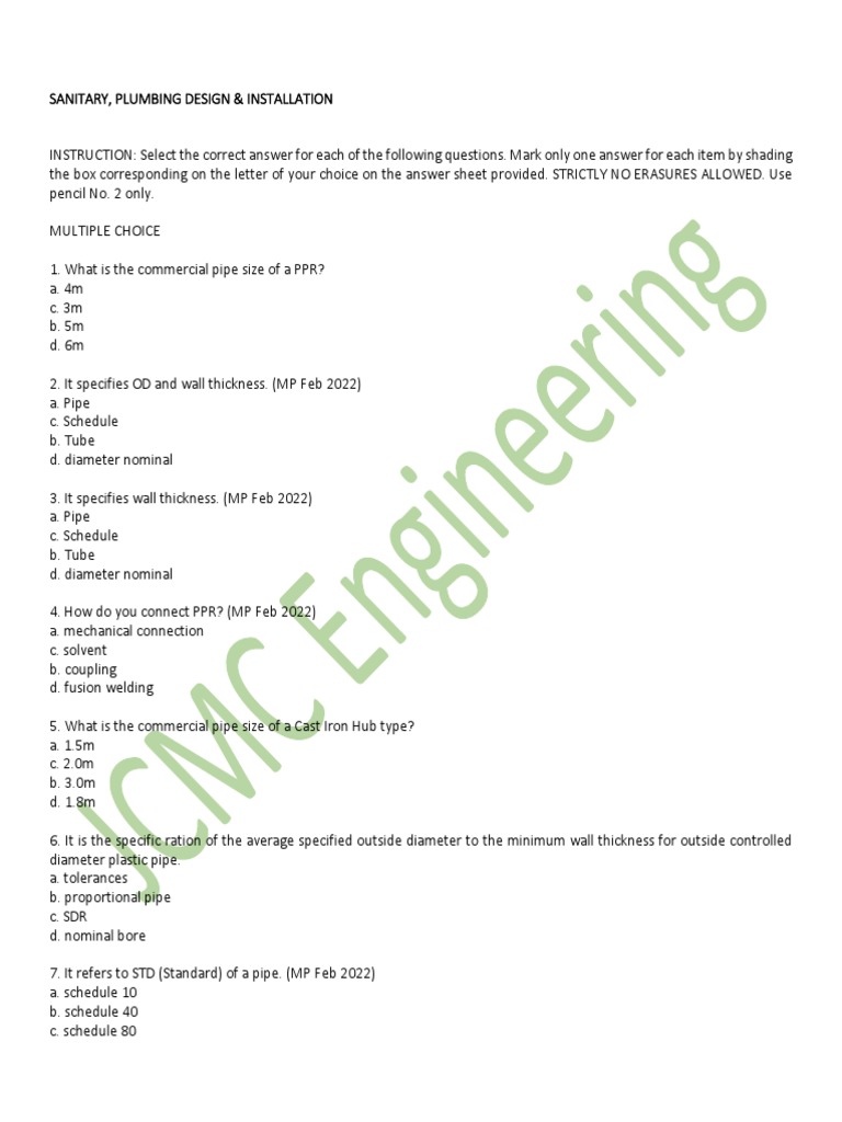6th Weekly Exam - Sanitary, Plumbing Design and Installation Weekly ...