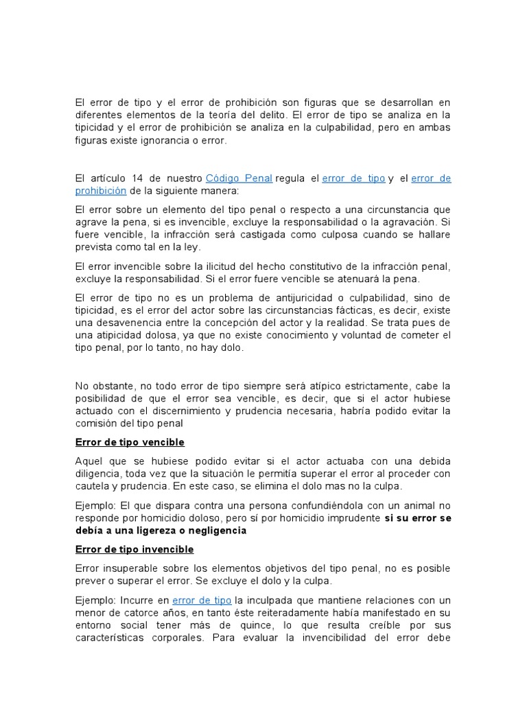 Errores de Tipo y Prohibición en Derecho | PDF | Derecho penal ...