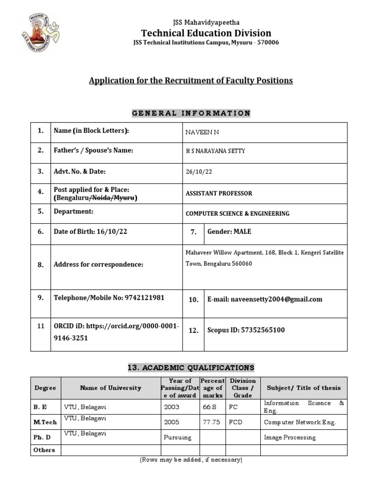 JSSMVP - TED - Application Format For Faculty Post | PDF | Information ...
