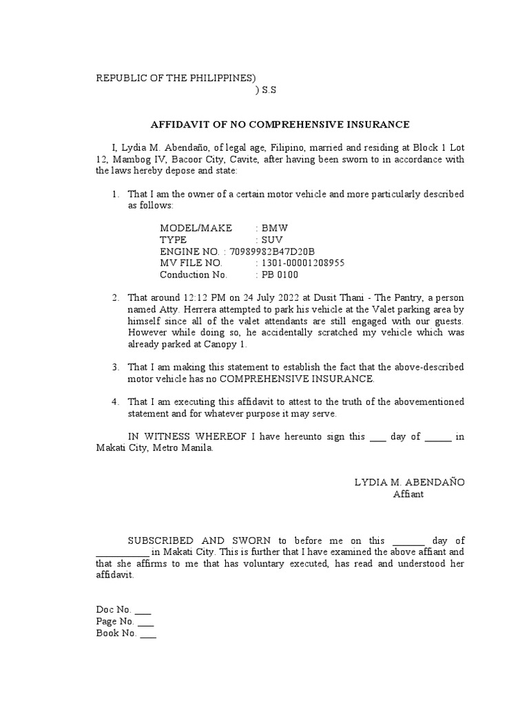 Affidavit of No Comprehensive Insurance | PDF