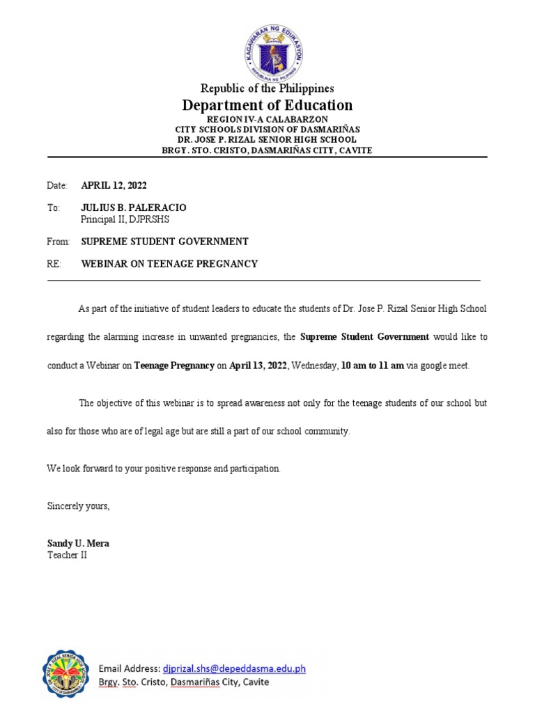 Letter of Approval For Webinar On Teenage Pregnancy | PDF | Self ...