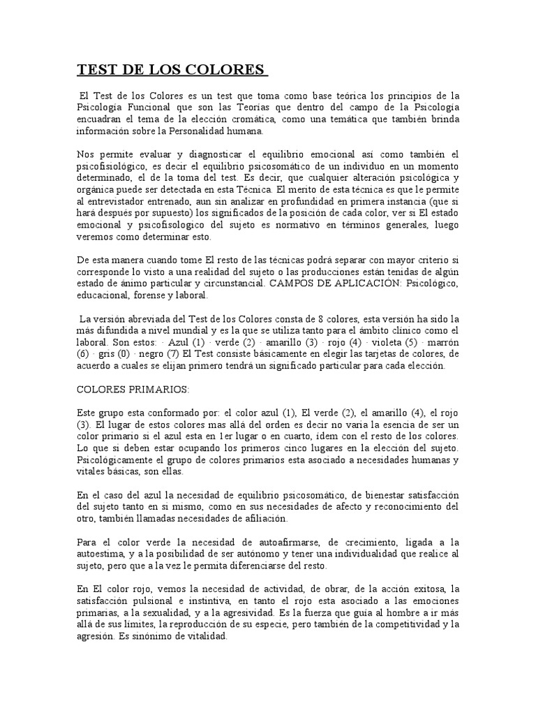 Test de los Colores y su Aplicación Psicología | PDF | Color | Las ...
