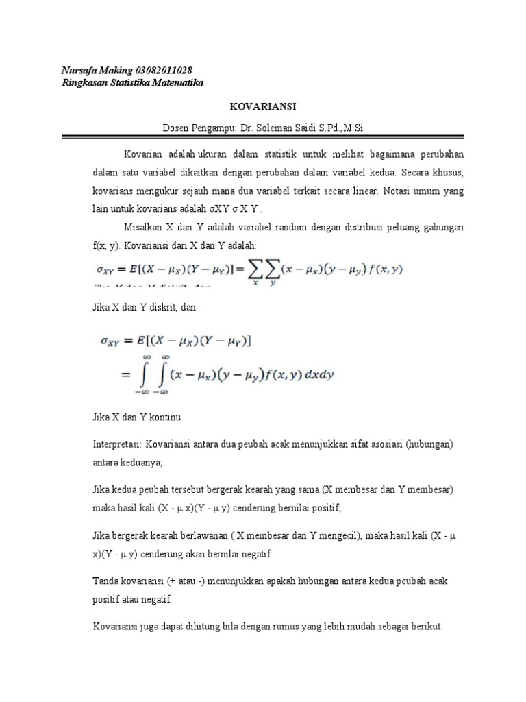 Rumus dan Pengertian Kovariansi | PDF