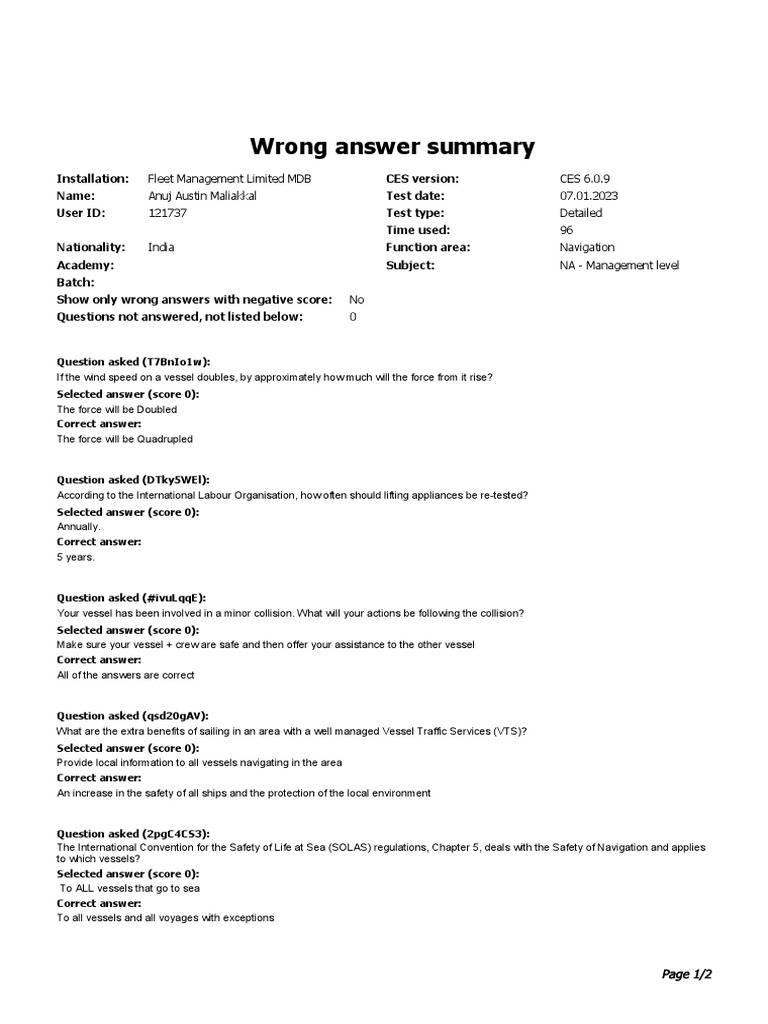 Wrong answer summary: Navigation management level test results showing ...