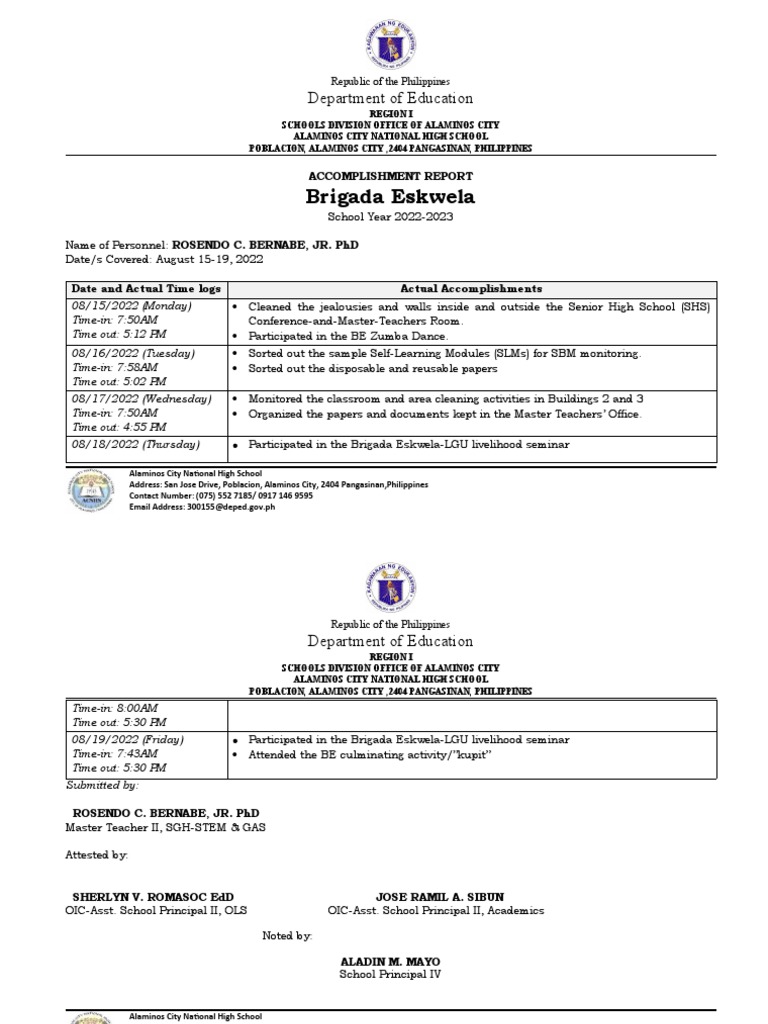 Brigada Eskwela Accomplishment 2022-2023 | PDF