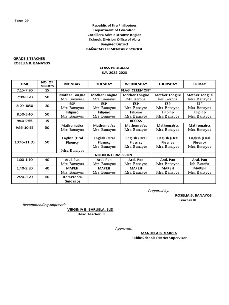 Form 29 Class Program | PDF | Schools