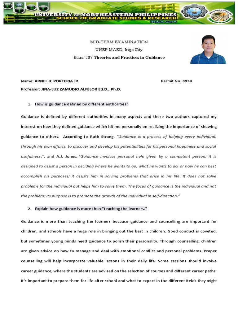 Porteria, Arnel JR - Ed 207 Midterm Exam | PDF | Counseling Psychology | School Counselor