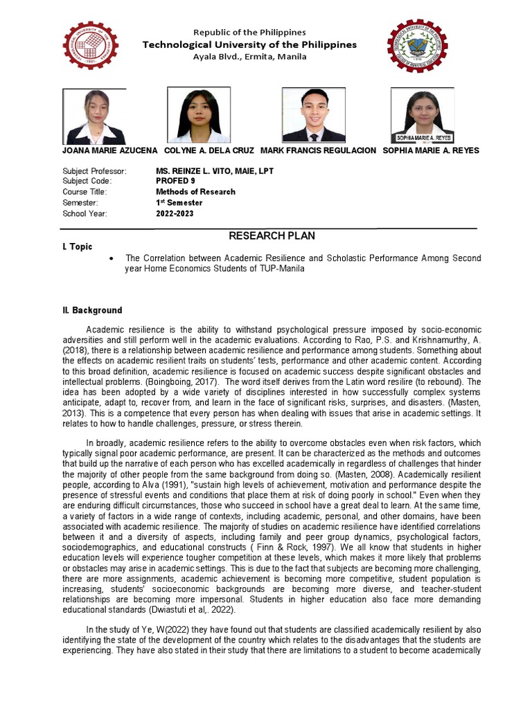 Group12 - Final Research Plan - Academic Resilience | PDF | Survey Methodology | Psychological ...