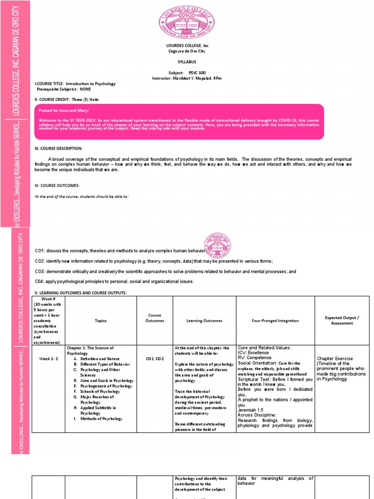Psyc 100 Syllabus Sy 2020-2021 | PDF | Perception | Psychology