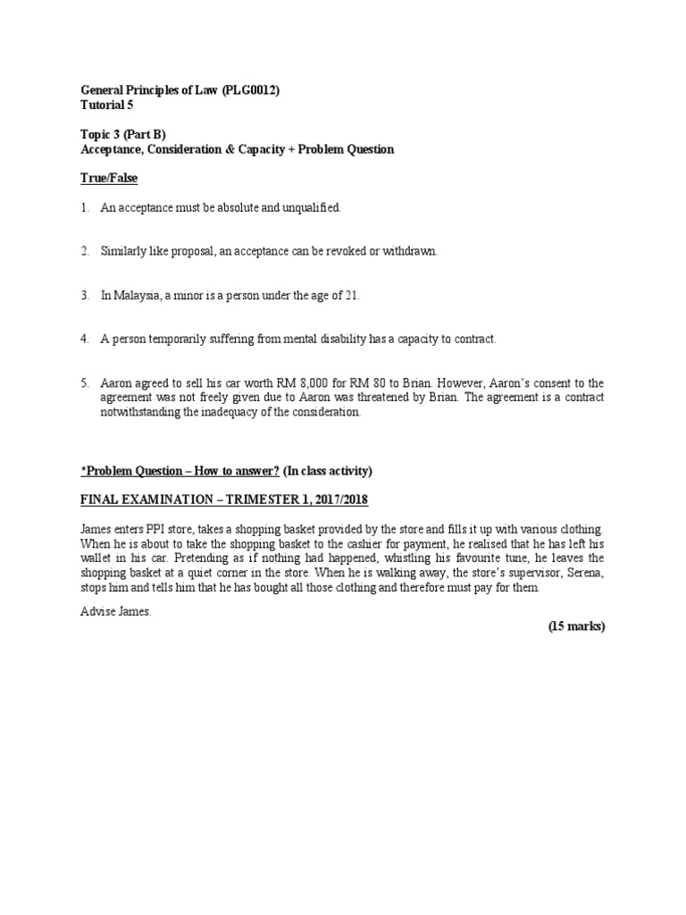 PLG0012 Tutorial 5 Acceptance Consideration Capacity Problem | PDF