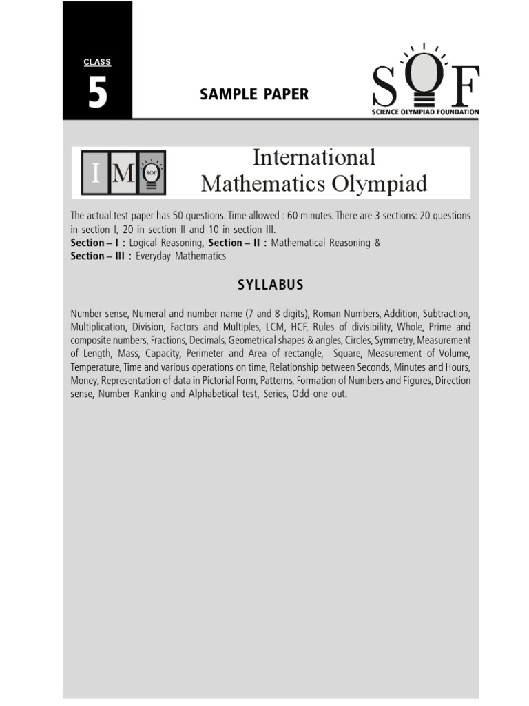 IMO Sample Paper for Class 5 | PDF | Numbers | Shape
