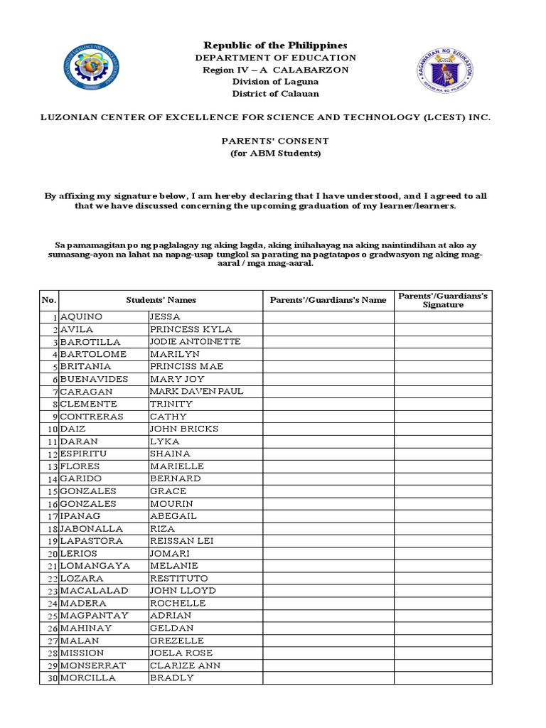 Parental Consent Form for Work Immersion Program of TVL Students of ...